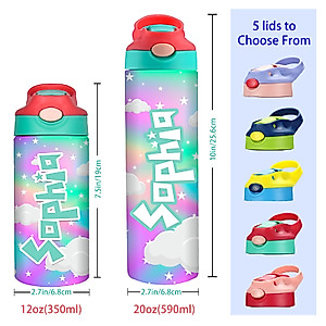 Personalized Kids Water Bottle Custom Water Bottles for Girls Boys Children with Name Straw Lid Customized 20oz Insulated Stainless Steel Cups Gifts for School Travel