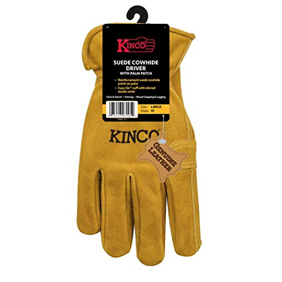 Kinco Unlined Suede Cowhide Leather Work Gloves with Reinforced Palm Patch, Large