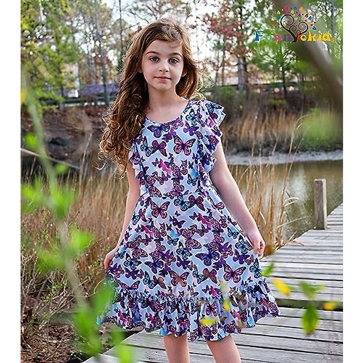 Funnycokid Girls Dresses Butterfly Outfits for Kid Size 8 9 Ruffle Sleeve Clothes Flutter Hem Sundress with Belt 8-9 Years