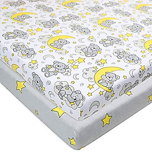 Organic Crib Sheets (2 Pack) - 100% Organic Jersey Cotton Fitted Crib Sheets for Standard Crib and Toddler Mattresses |Star and Bear Print | (Grey, Yellow, White)