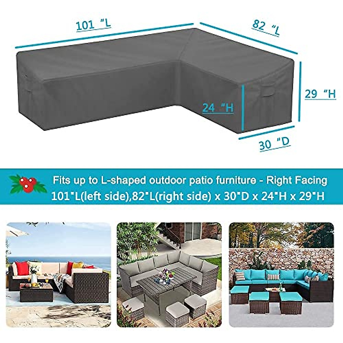 STARTWO Patio Sectional Sofa Cover, Heavy Duty Waterproof Outdoor Sectional Furniture Cover Weatherproof L-Shaped Lawn Patio Furniture Cover with Air Vents Windproof Straps (Grey)