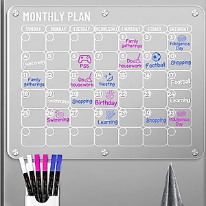 PTSPDP Monthly Acrylic Magnetic Calendar for Fridge, 16"x12" Clear Magnetic Fridge Calendar Dry Erase Board for Fridge & Wall Includes 6 Markers and 1 Rag