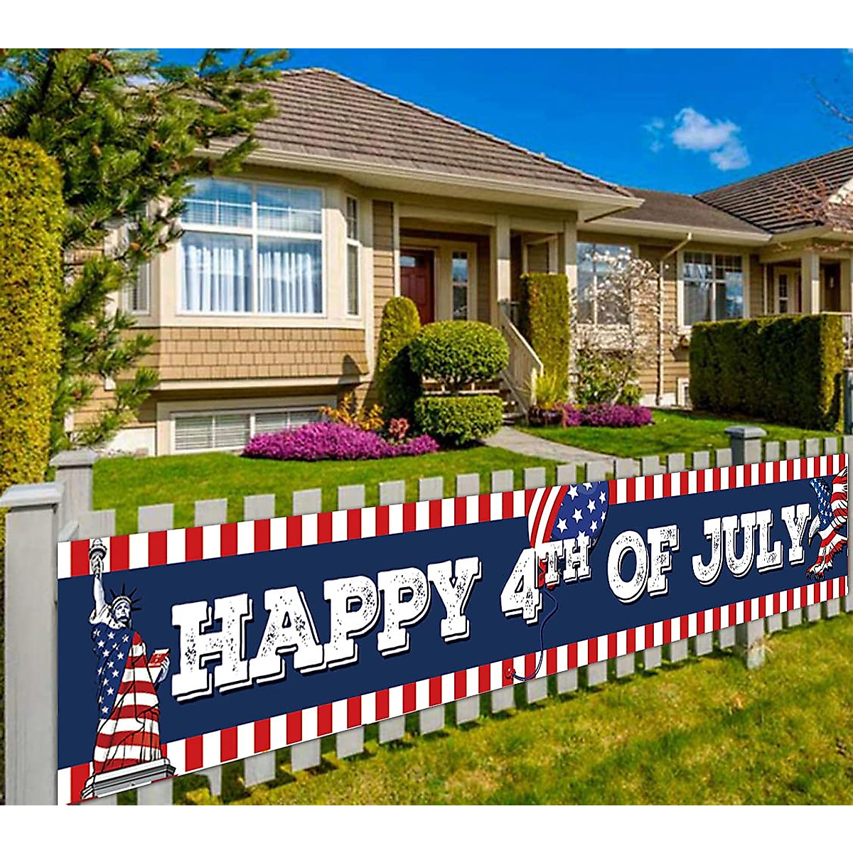 Large Happy 4th of July Banner, America Independence Day Banner, Memorial Day Decoration (9.8 x 1.6 ft)