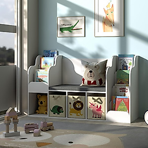 Jiansu furni,Kids Bookshelf with Reading Nook,Toy Storage Organizer with Seat Cushion,Kids Reading Nook with Bench for Playroom,Bedroom and Living Room,White