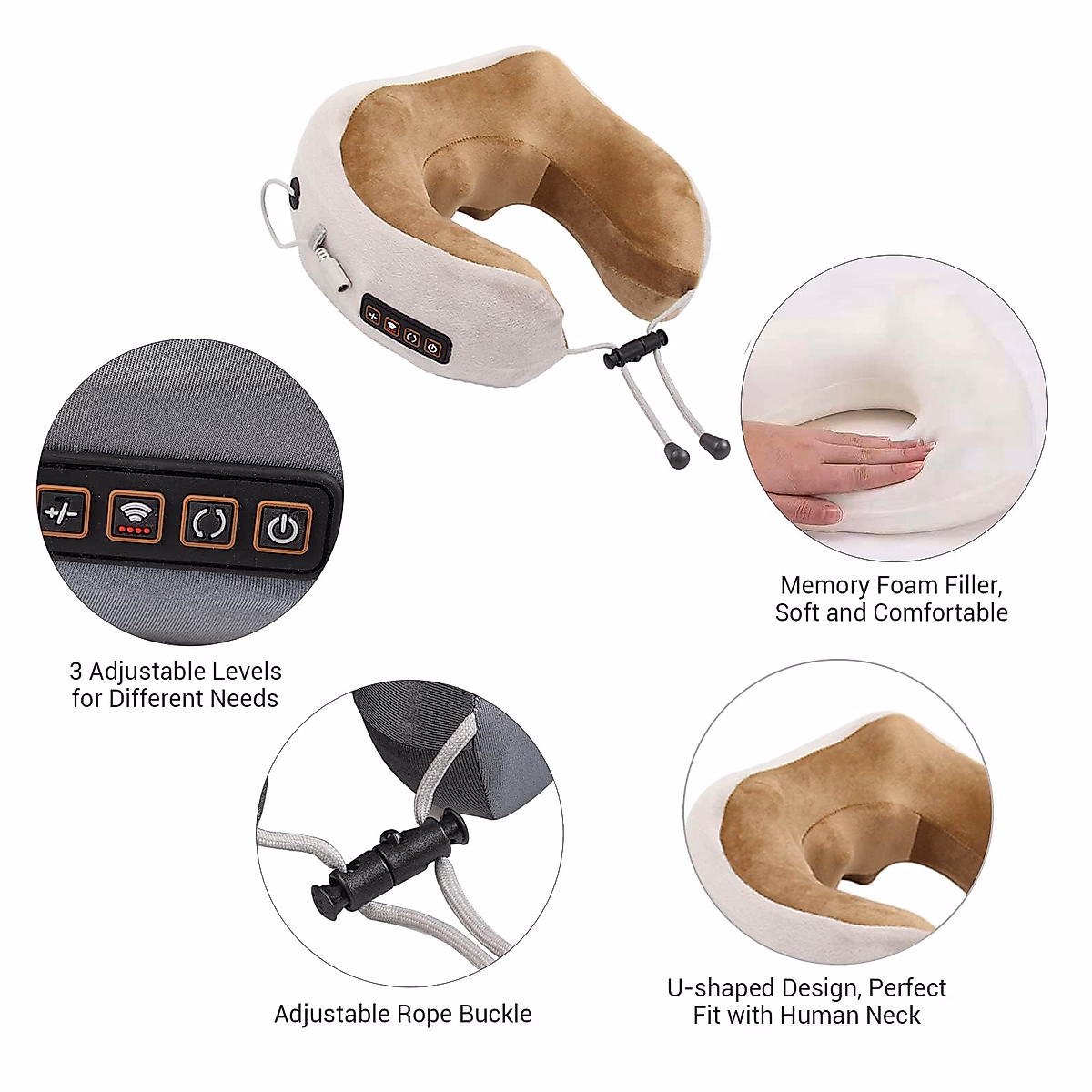 EEZEE Neck Massage Pillow with 3 Vibrating Modes for Neck, Back and Leg Relax and Support, Travel Neck Pillow with Heat U-Shaped Memory Foam Pillow for Home Office Airplane Car