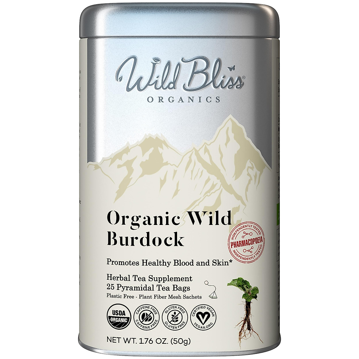 Organic Wild Burdock Root Tea - Caffeine Free Herbal Detox Support - Pharmacopoeia Quality - 25 Plant Based Tea Bags