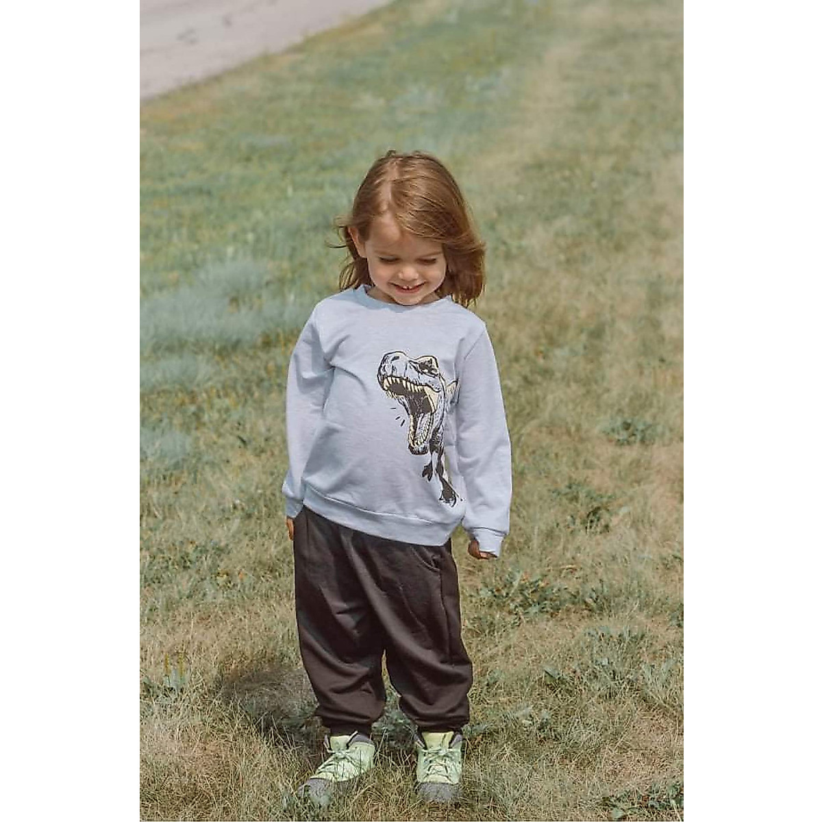 HINTINA Toddler Boy Sweatshirt Outfits Long Sleeve Dinosaur Top Pants Sweatsuit 2PCS Fall Winter Outfits Set(Light Grey, 7-8 Years)