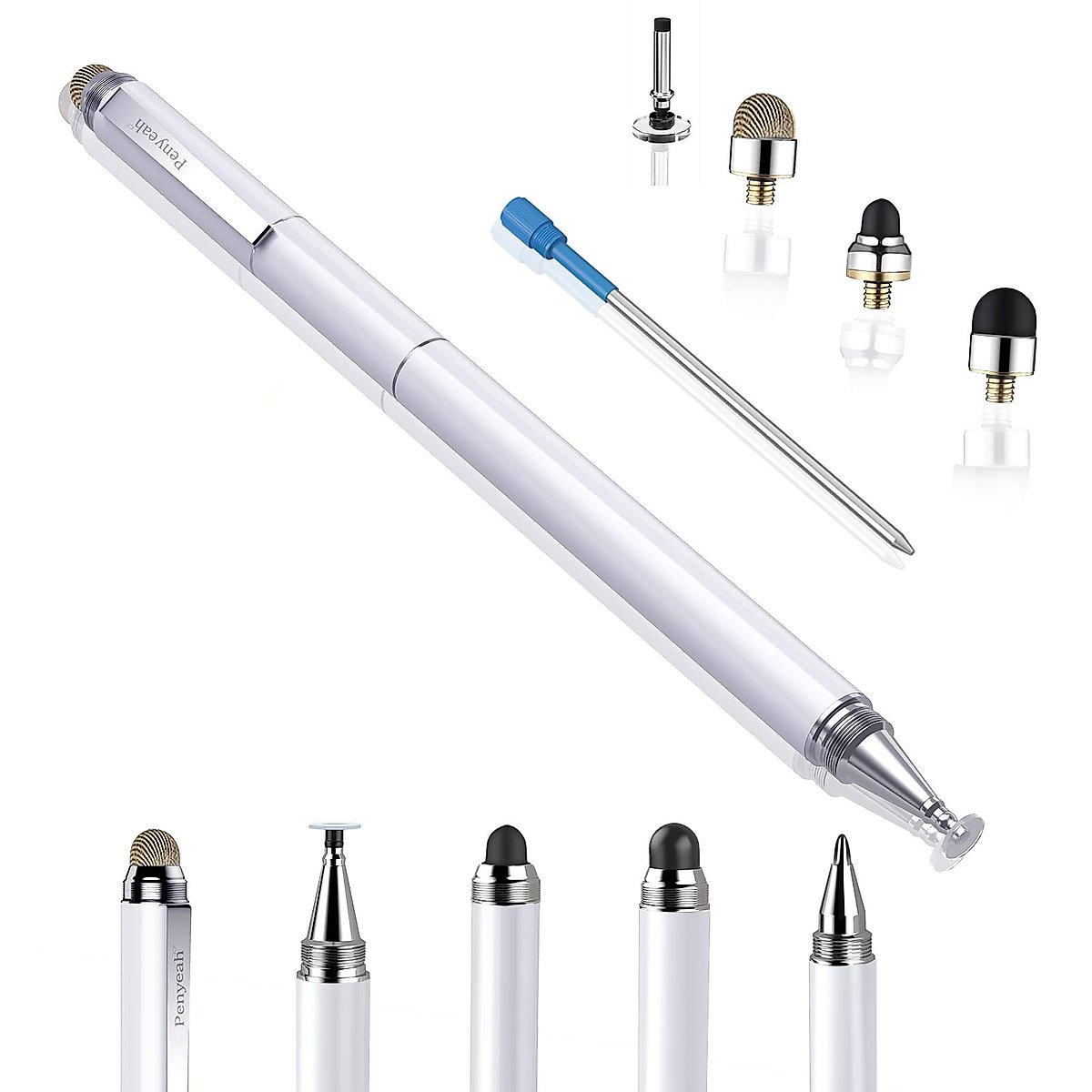 Stylus for Touch Screens - Penyeah DIY 4-in-1 High Sensitivity and Precision Disc Stylus Pen, Universal for iPad, iPhone, Tablets All Capacitive Touch Screens with 4 Replacement Tips - White