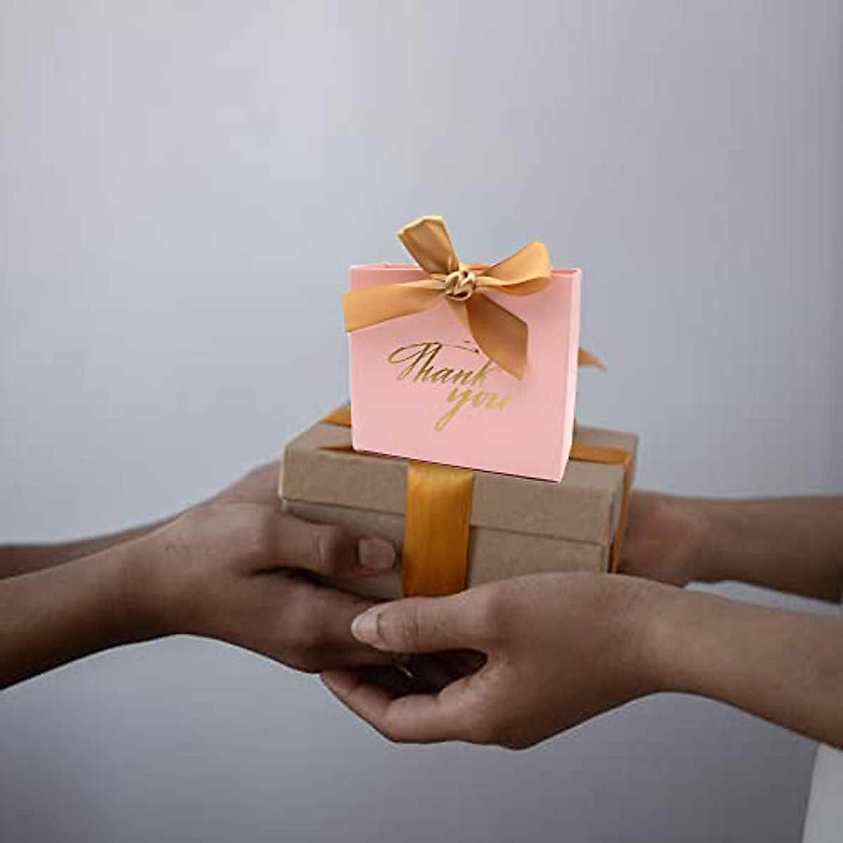 Pink Gift Bags 25Pack Extra Small Size Thank You Paper Gift Bags with Gold Bow Ribbon, 4.5x1.7x3.9 Mini Party Favor Treat Boxes for Wedding, Baby Shower, bridal, Holiday Gifts Bulk