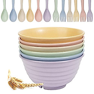 SGAOFIEE Unbreakable Cereal Bowls - 30 OZ Wheat Straw Fiber Lightweight Bowl Sets of 6 - with 6 Spoons & 6 Forks - for Rice Noodle Soup Breakfast Bowls - Dishwasher & Microwave Safe