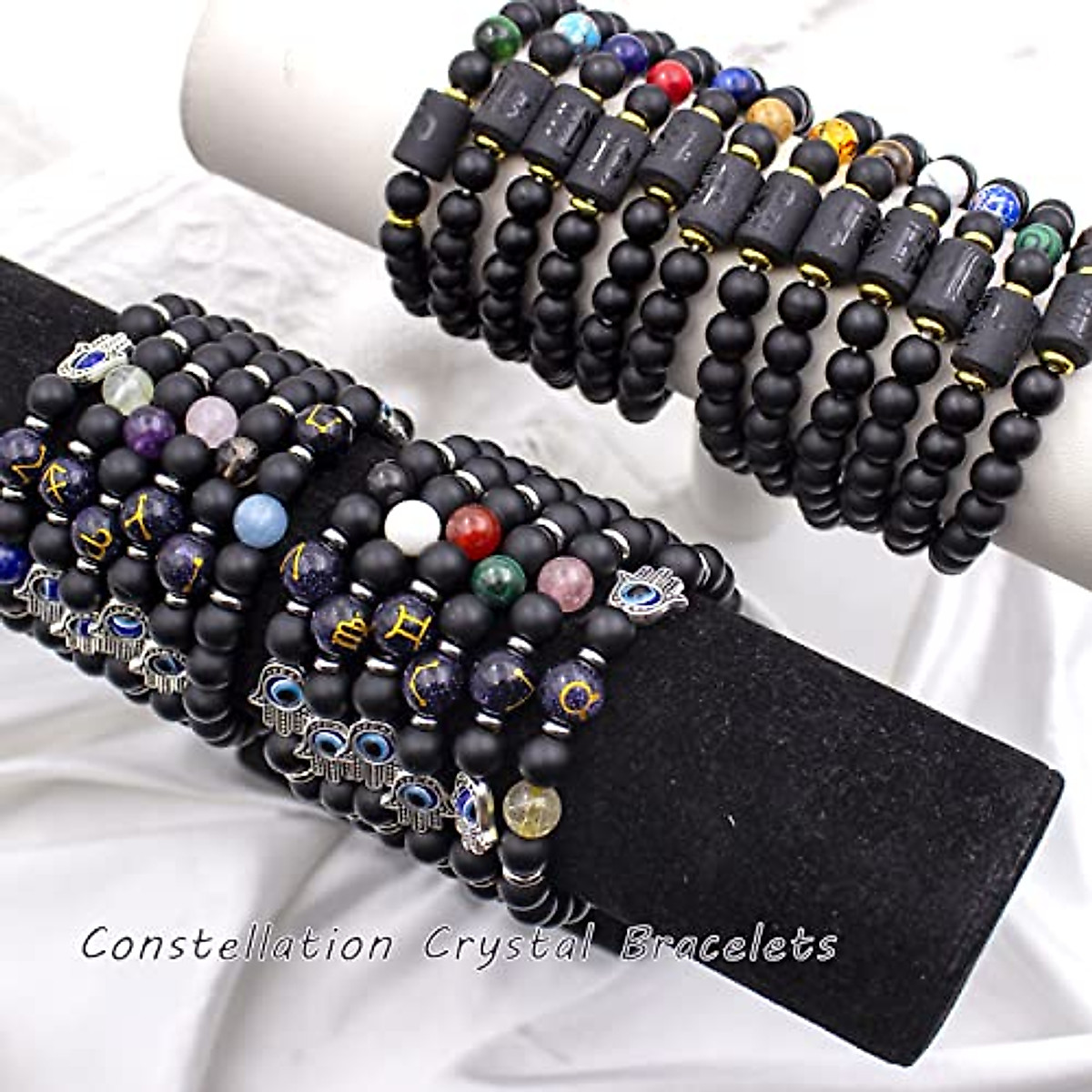 Yomlry 2Pcs Zodiac Bracelet 8MM Beaded Evil Eye Bracelet Spiritual Healing Crystal Bracelet for Women Men 12 Constellation Bracelet Zodiac Sign Horoscope Gift Hamsa Protection Couple Bracelet Set,