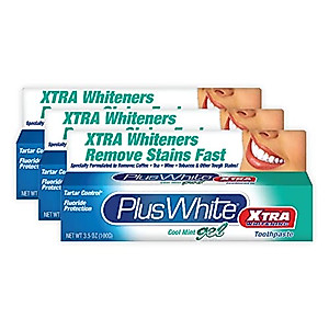 Plus White Xtra Whitening Toothpaste - Removes Tough Stains from Coffee, Smoking, Wine & More - Anti-Cavity, Plaque & Tartar Control (Cool Mint Gel, 3.5 oz, Pack of 3)