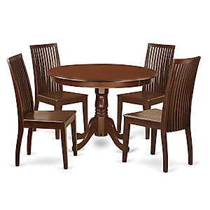East West Furniture HLIP5-MAH-W 5 Piece Dining Room Table Set Includes a Round Dining Table with Pedestal and 4 Wood Seat Chairs, 42x42 Inch, Mahogany