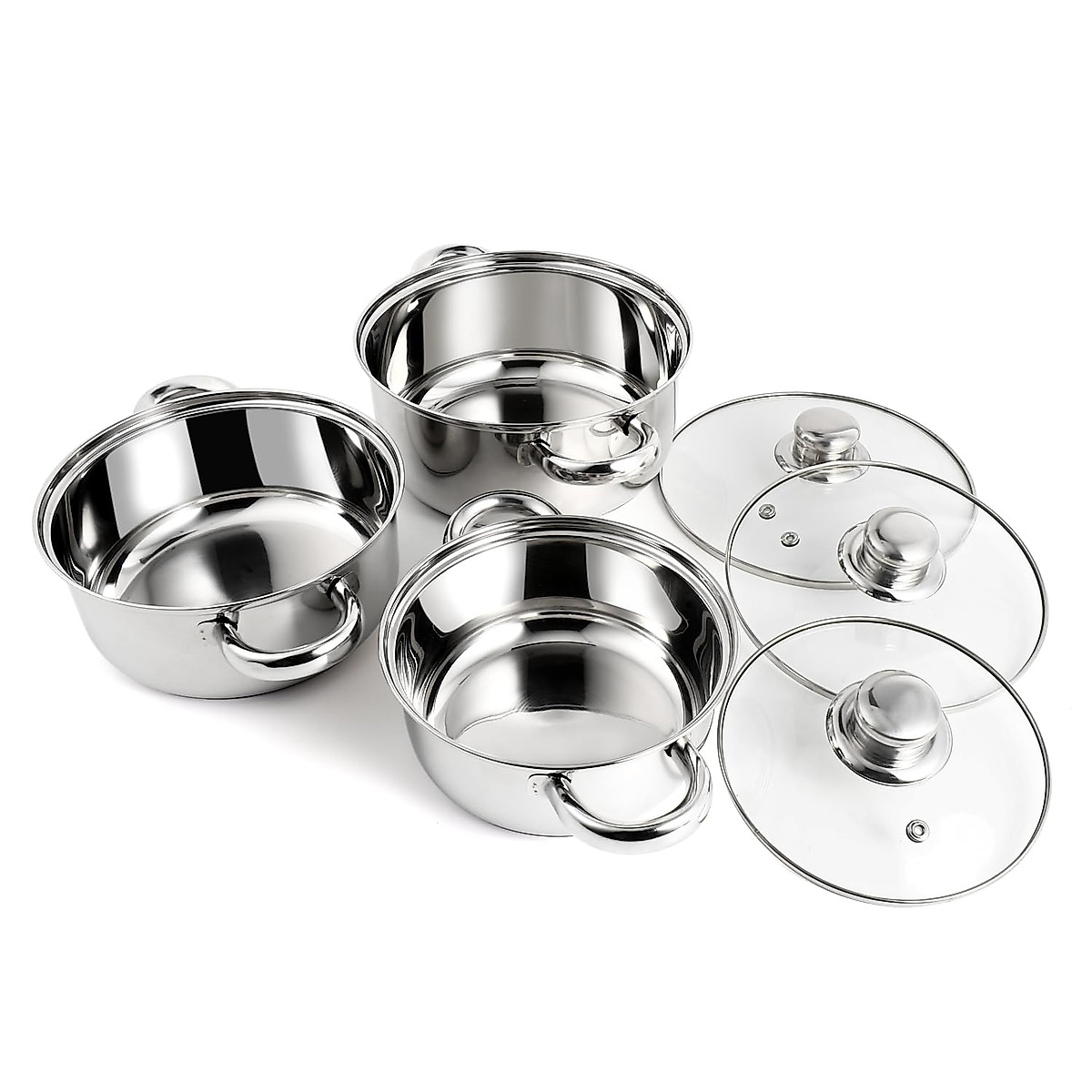 KroWallu 6-Piece Stainless Steel Pot Set, Non Stick Cookware Set with Lids (1.2 QT/1.6 QT/2.5 QT), Saucepan with Stay-Cool Handle, Dishwasher Safe, Compatible with Most Stovetops
