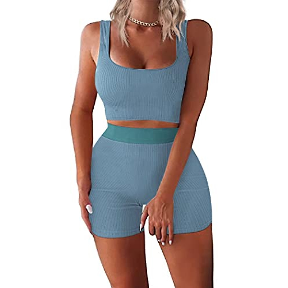 Ekouaer Sweatsuits for Women Knit Loungewear Set Tank and High Waist Shorts Pj Set Summer Casual Sleepwear Blue,Small