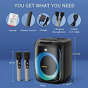 TONOR Karaoke Machine for Adults, Portable Bluetooth Singing PA Speaker System with 2 Wireless Microphones and RGB LED Lights, Supports BT/AUX/USB/TF Card for Party, Home Karaoke, Outdoor/Indoor K6