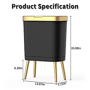 Procade Office Trash Can with Lid, Black Bathroom Trash Can with Gold Edge, Modern Narrow Garbage Can with Legs, Slim Plastic Trash Bin for Bedroom, Living Room,Kitchen,Toilet, 4 Gallon