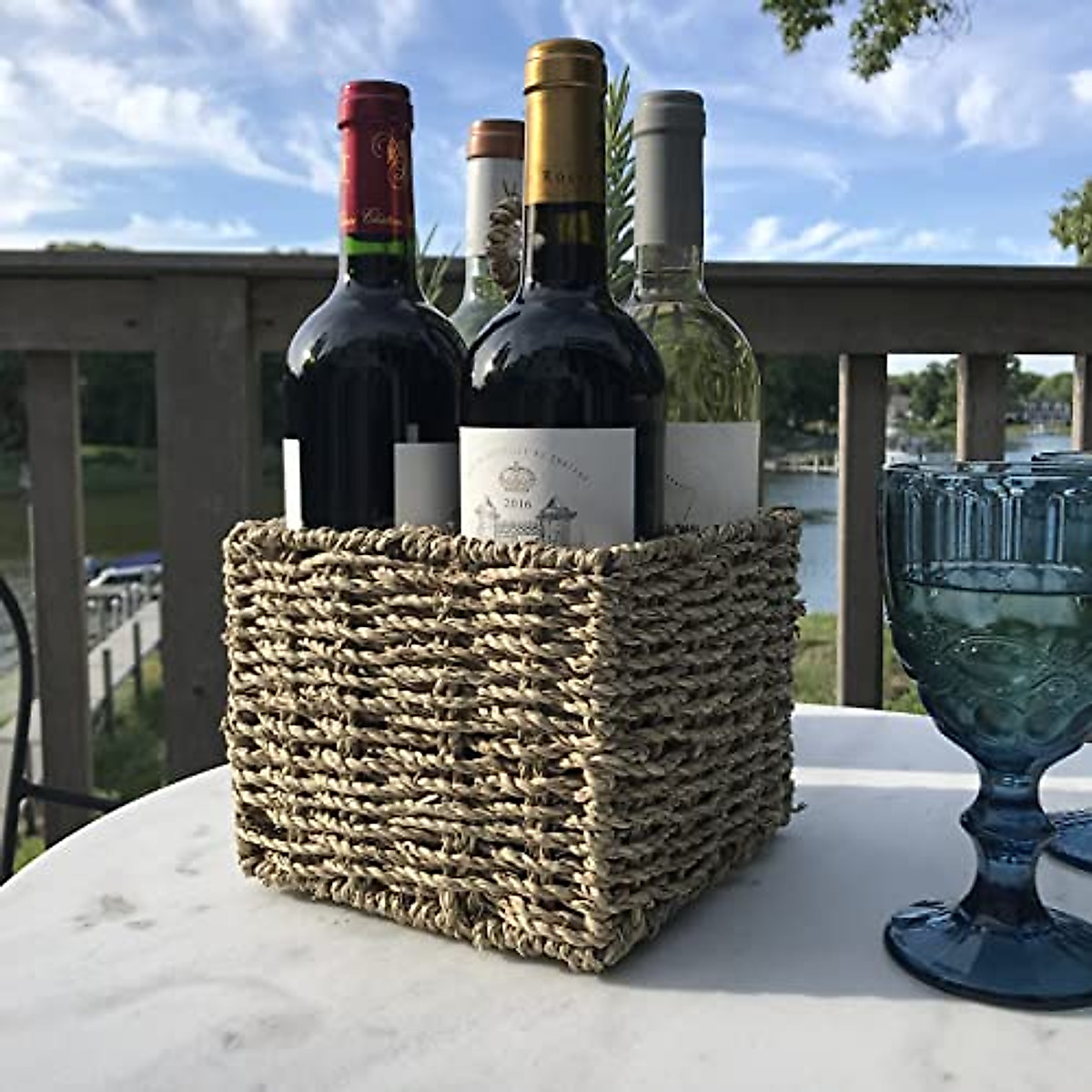 4 Compartment Basket Caddy, Bottle and Condiment Holder, Woven Wicker Over Metal Frame, Seagrass, 10.5 Inches