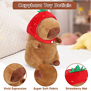 Cute Capybara Plush Wearing Strawberry Hat, 12 INCH Capybara Stuffed Toy Animals Plushies, Soft Capybara Doll Pillow for Kids Boys Girls Birthday Gifts