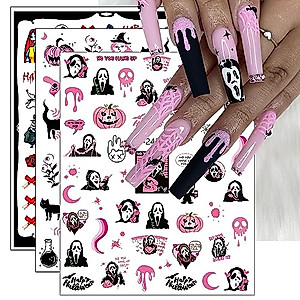 JMEOWIO 9 Sheets Halloween Nail Art Stickers Decals Self-Adhesive Pegatinas Uñas Pink Skull Ghost Witchy Spider Web Pumpkin Spook Nail Supplies Nail Art Design Decoration Accessories