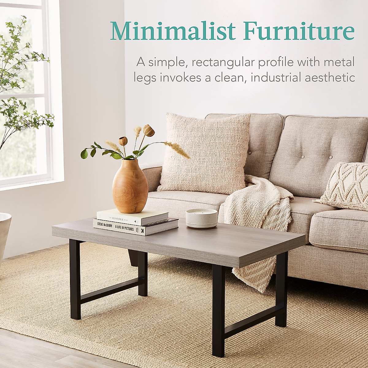 Best Choice Products 44in Modern Coffee Table Butcher Block Top Large Accent Table, Rectangular Wood Industrial Rustic Coffee Table for Living Room w/ 2in Metal Legs, 3in Tabletop - Gray