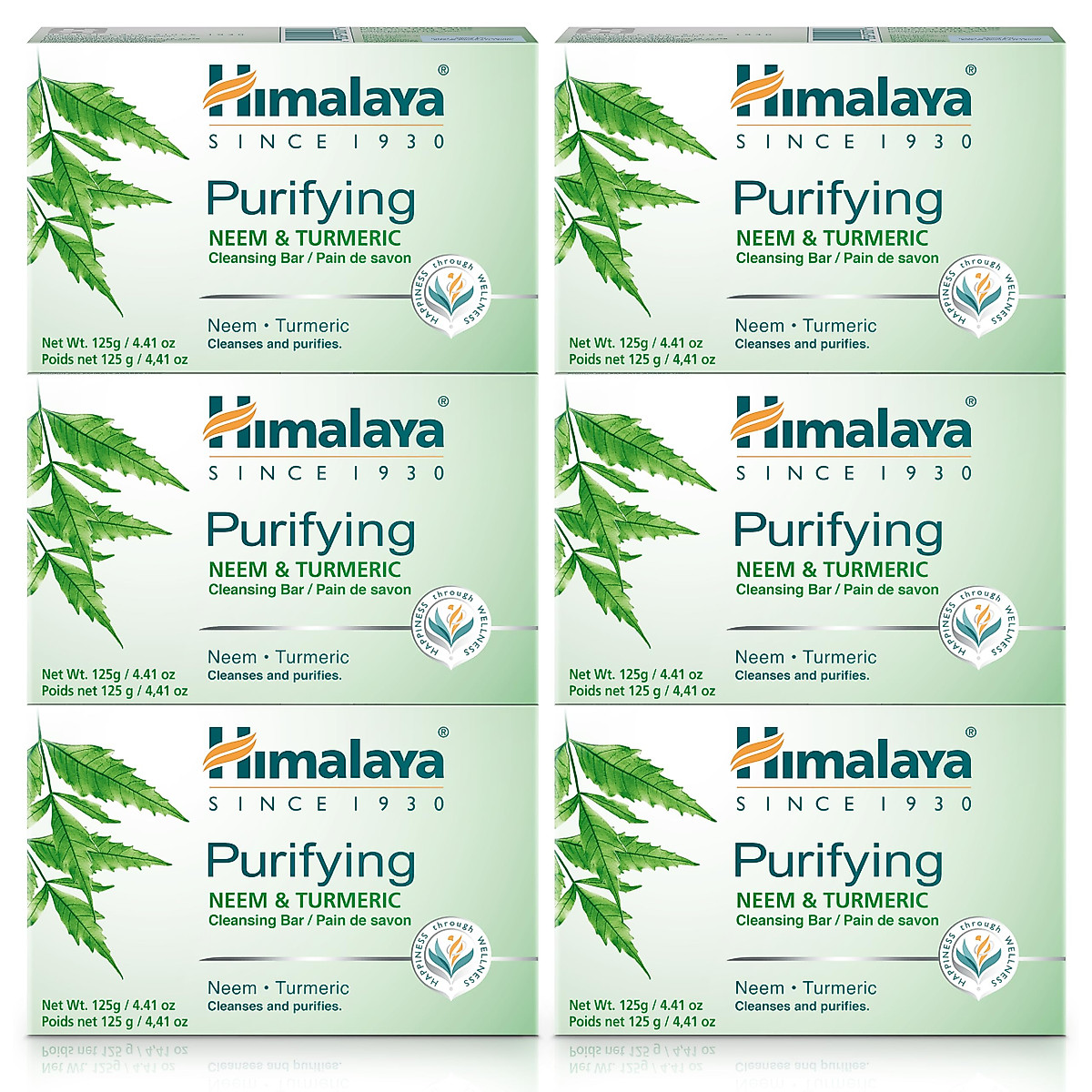 Himalaya Purifying Neem & Turmeric Cleansing Bar for Clean and Healthy Looking Skin, Free from Parabens, SLS and Phthalates, Gluten Free, Vegan, 125 g (4.41 oz), 6 Pack