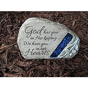 Carson Memorial Garden Stone With Blue Mosaic Solar Accent - God Has You In His Keeping We Have You In Our Hearts