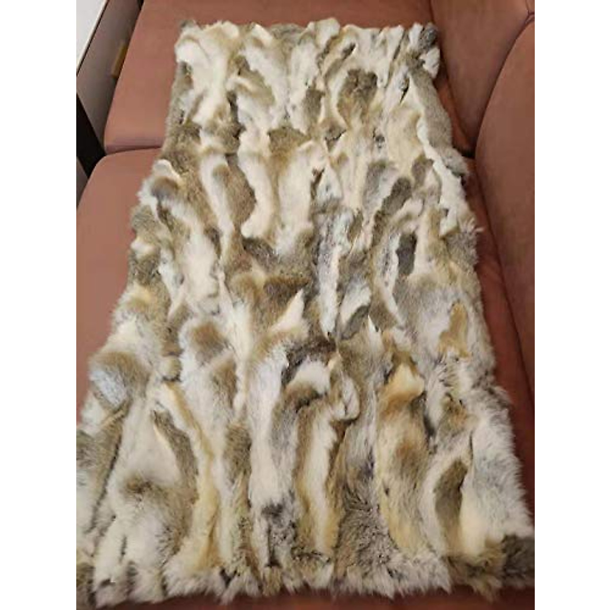 Real Rabbit Fur Throw Blanket Rabbit Fur Pelt Rug with Soft Microsuede Backing Natural Furry Thick Fur Rug Plate Pelz Leather Pelt Straw Yellow, 43.3inx21.6in /3.6ftx1.8ft