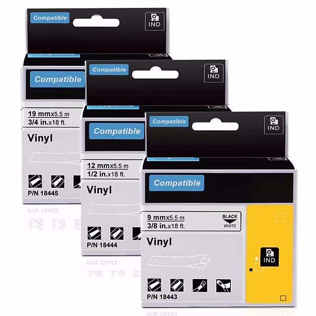 Aonomi Rhino 18443 18444 18445 9mm 12mm 19mm Label Tapes Replace for DYMO Rhino 3/8" 1/2" 3/4" Permanent Vinyl Tape Compatible with DYMO Rhino 4200 5200 5000 6000+ Label Maker, Black on White,3-Pack