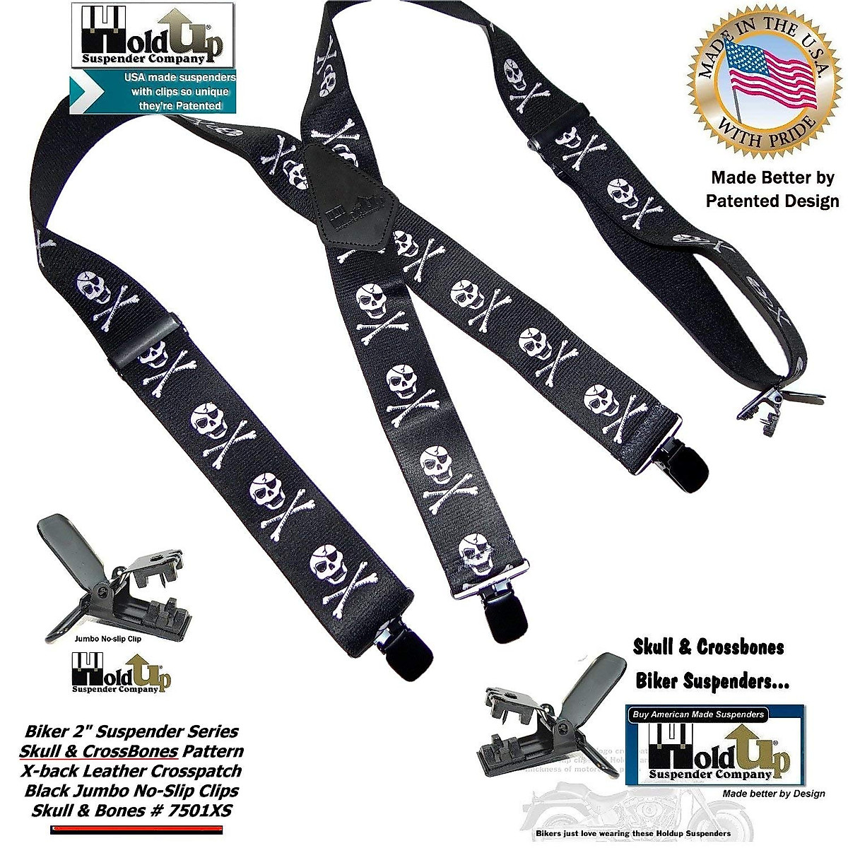 Holdup Suspender Company 2" wide Biker Skull & Crossbones Suspenders for Men with Patented Jumbo black metal no-slip Clips