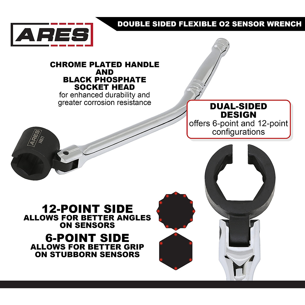 ARES 14021 – Double Sided Flexible O2 Sensor Wrench – Flex Head Design for Access in Tight Spaces – 6 Point and 12 Point Socket Head Configurations - Remove and Install 7/8” (22mm) O2 Sensors