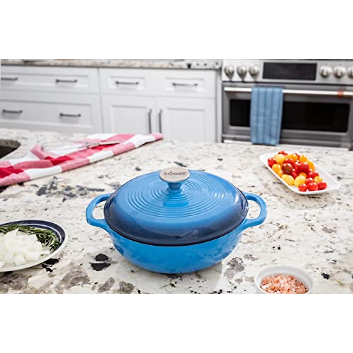 Lodge 3 Quart Enameled Cast Iron Dutch Oven with Lid – Dual Handles – Oven Safe up to 500° F or on Stovetop - Use to Marinate, Cook, Bake, Refrigerate and Serve – Caribbean Blue