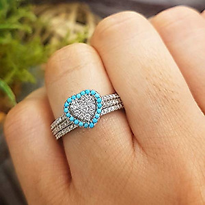 Dazzlingrock Collection Round Turquoise & White Diamond Ladies Heart Shaped Wedding Ring Set in 14K White Gold, Size 7