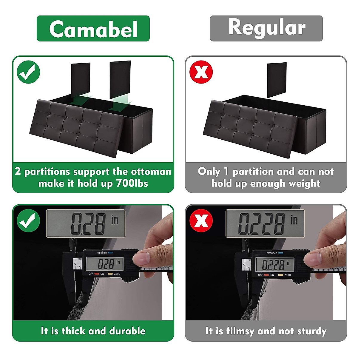 Camabel 43 inch Folding Ottoman Storage Bench Cube Hold up 700lbs Faux Leather 125L Storage Chest with Memory Foam Seat Footrest Padded Upholstered Stool for Bedroom Box Bed Coffee Table Brown