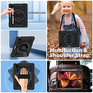 ROSROME For iPad Air 5th 4th Generation 10.9 inch Case with Screen Protector [15ft Drop Protection] iPad Pro 11 Case 4th 3rd 2nd 1st Gen (2022 2021 2020 2018) for Kids W/ 360 Stand Hand/Shoulder Strap