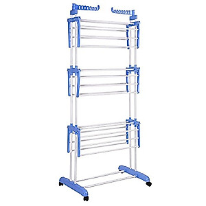 Aquaterior Folding 3 Tier Clothes Drying Rack Rolling Collapsible Garment Laundry Dryer Hanger Stand Rail with Two Side Wings Indoor Blue