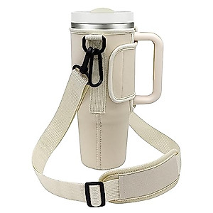 Aiscool Water Bottle Carrier Bag Holder for Stanley Quencher H2.0 Tumbler 40 Oz Cream, Neoprene Water Bottle Sling Bag Sleeve Holder Carrier with Adjustable Shoulder Strap & Straw Covers