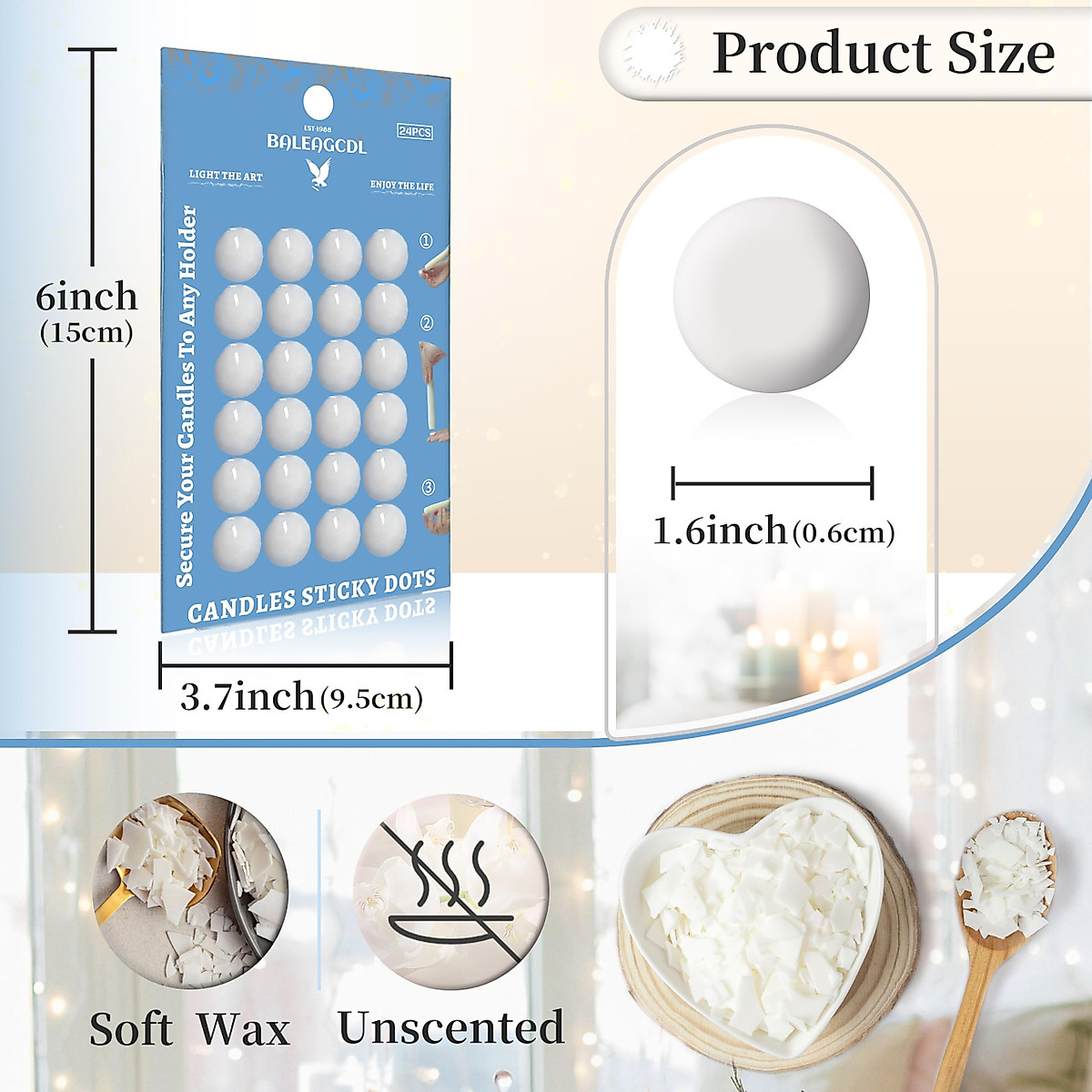Candle Sticky Dots - White Wax Candle Adhesive Dots - Unscented Cire Adhesive for Secure Candle Placement - Easy Clean and Traceless Adhesive for DIY Projects - Pack of 24