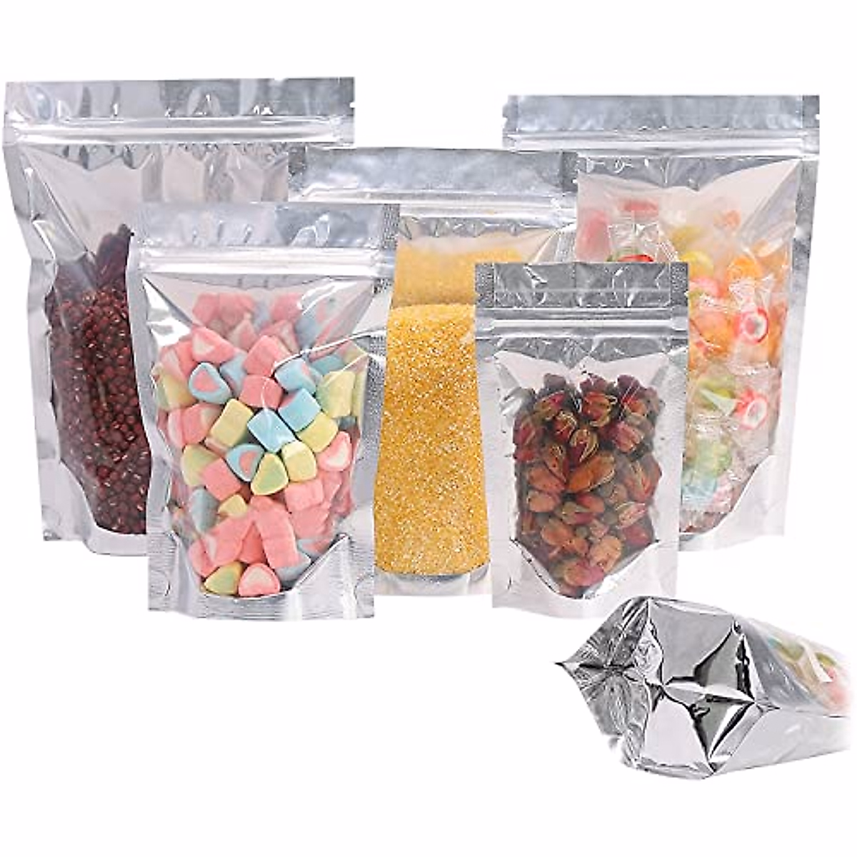 SumDirect Reusable Aluminium Foil Zip Lock Stand Up Food Pouches Bags with Notch for Food Storage 3.5x5.9 Inches, 2.8oz, Pack of 50