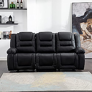 ERYE Faux Leather Manual Motion 3 Seaters Sectional Sofa Couch with 2 Cup Holders and Two Recliner Chaise, PU Wall Hugger Sofa & Couch for Home Office Theater Apartment RV Living Room Furniture Sets