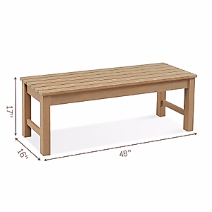 EFURDEN Outdoor Bench, 2-Person Outdoor Dining Bench, Backless Poly Lumber Garden Bench, All Weather Bench Suitable for Patio and Garden, Teak Color