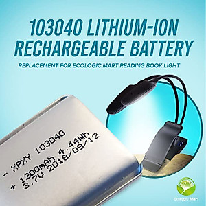Ecologic Mart Lithium Ion Batteries, 3.7 Volt Rechargeable Battery, 1200mAh LiPo Battery, Reading Book Light Battery Replacement, 103040 Type with Micro JST 1.25mm 2Pin Male Connector