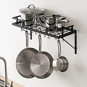 KES Kitchen Pot Pan Rack 24 Inch Hanging Storage Organizer Wall Shelf With Hooks Wall Mounted Matte Black, KUR215S60-BK