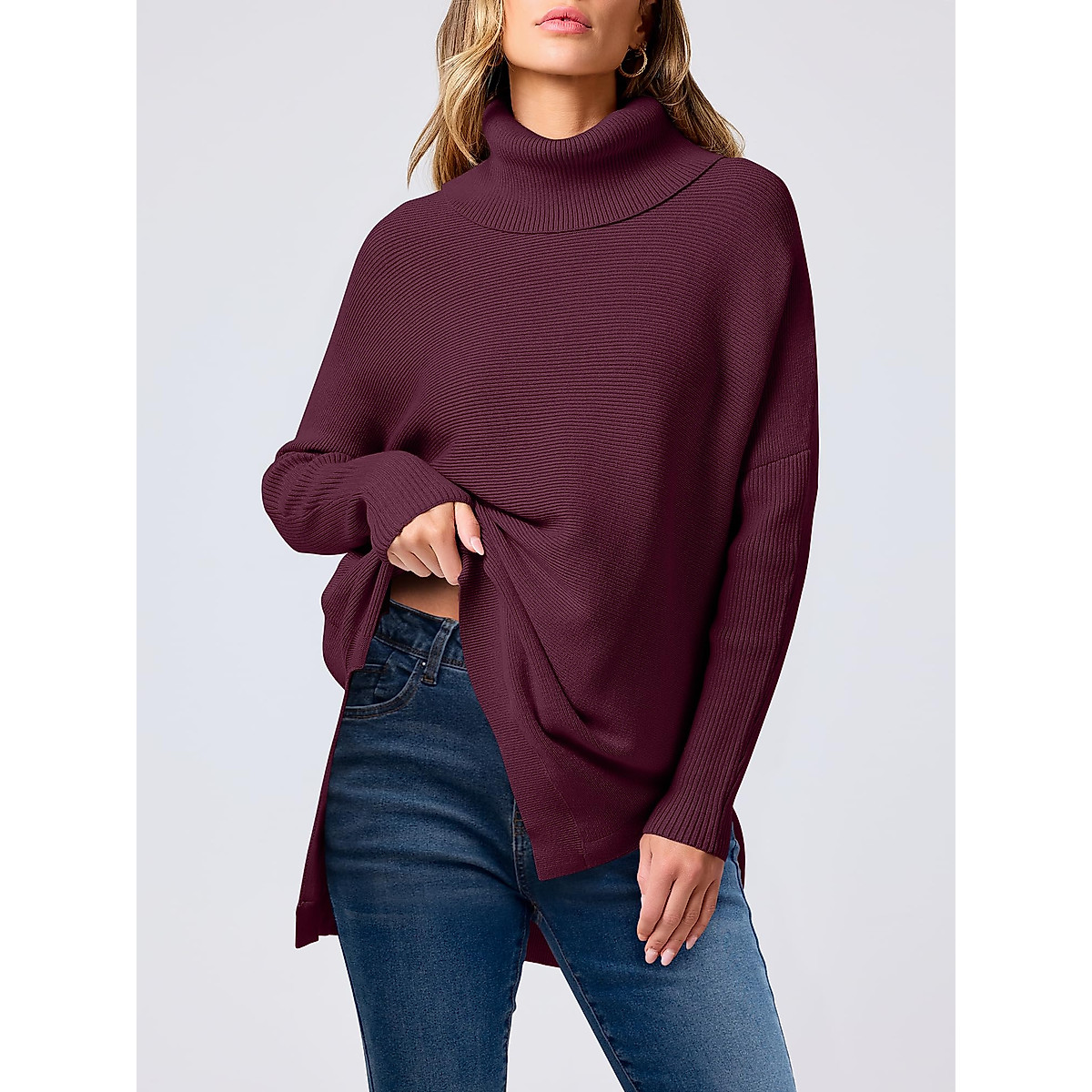 ANRABESS Women's Oversized Turtleneck Batwing Sleeve Spilt Casual Loose Knit Tunic Pullover Sweater Tops 2025 Fall Outfits Wine Red Small