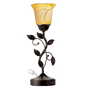 Touch Control Table Lamp with 2 USB Charging Ports, 3-Way Dimmable Bedside Nightstand Lamps, Amber Glass Shade Vintage Rural Leaf Lamp for Living Room, Bedroom, Dresser, LED Bulb Included (Bronze)