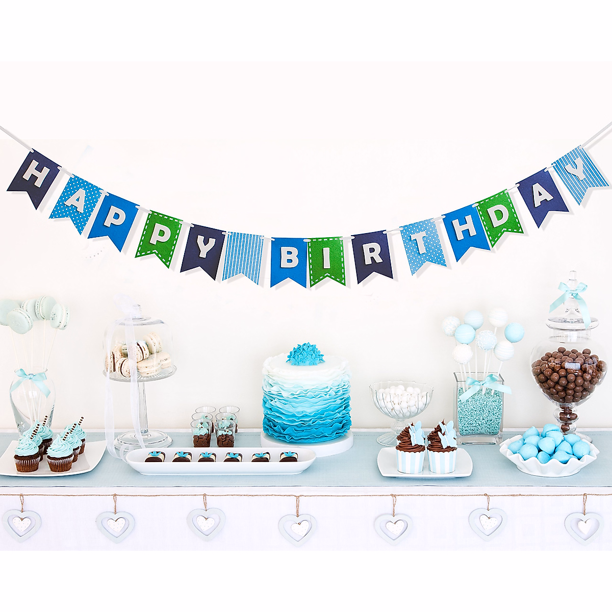 Premium Layered Felt Happy Birthday Banner Bunting Laser Cut 60 inches wide - Blues