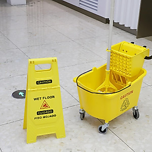 Midoneat Side Press Wringer Combo Commercial Mop Bucket on Wheels, 35 Quart,Yellow, Including Wet Floor Caution Sign（24Inch） and One Industrail Mop