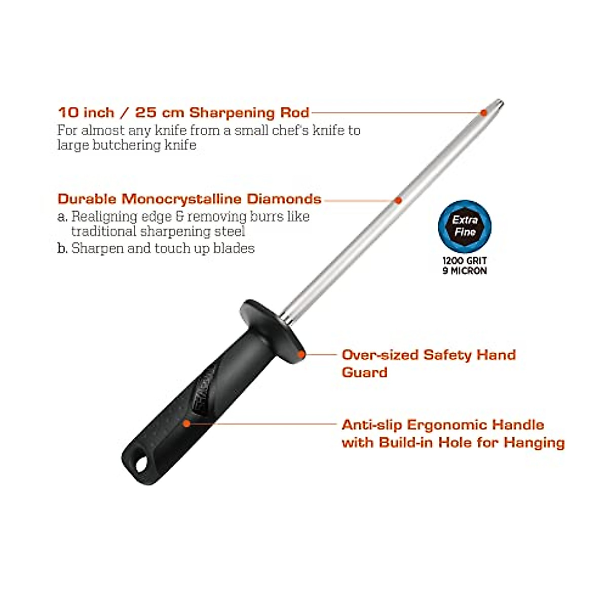 SHARPAL 119N Diamond Solid Sharpening Steel Knife Blade Sharpener Honing Rod Professional Kitchen Chef Stick