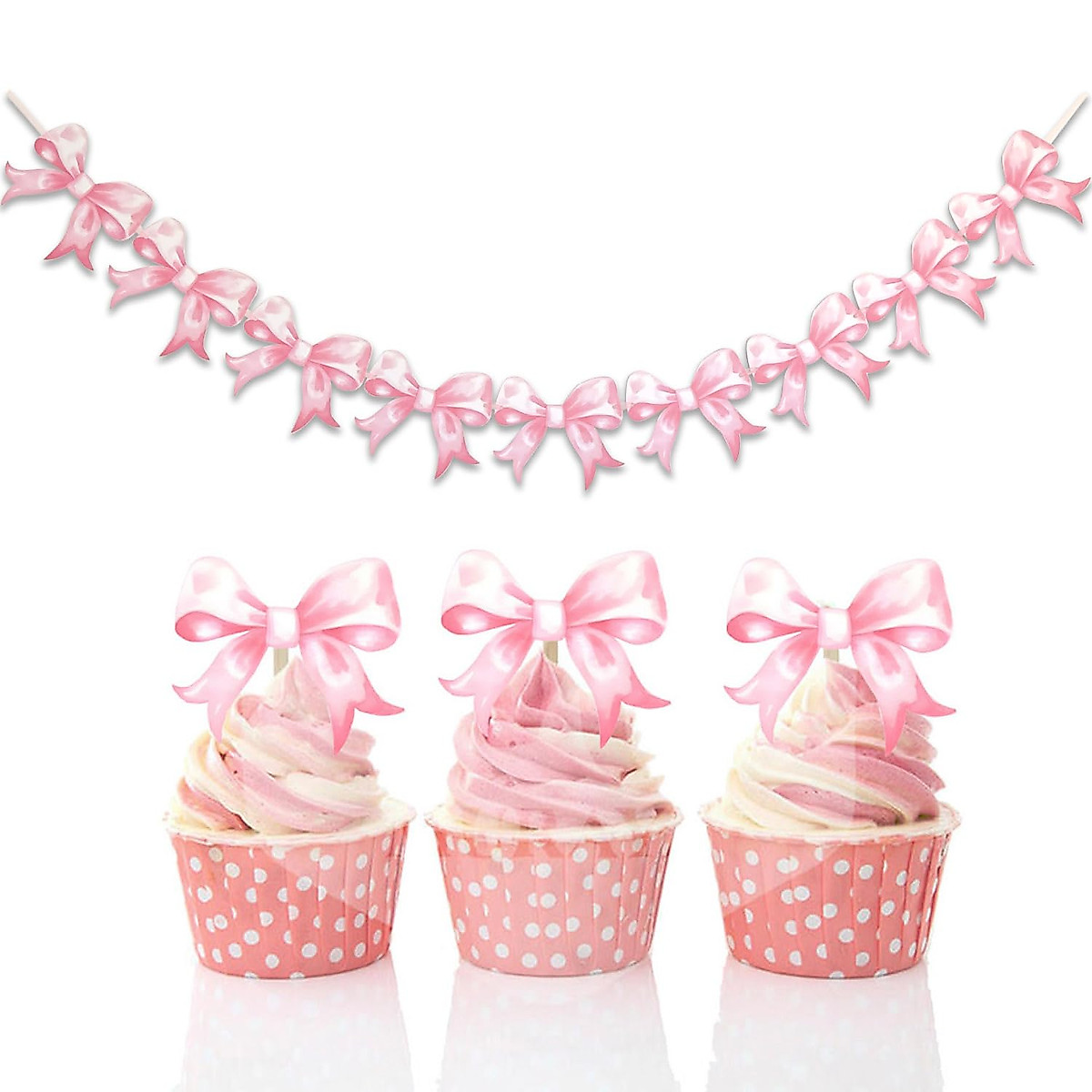 Pink Bow Garland+24Pcs Bow Cupcake Toppers,Bow Banner, Shower Decor,Pink Welcome Baby,Dessert Table Bunting,Coquette Theme Decorations,Double Sided