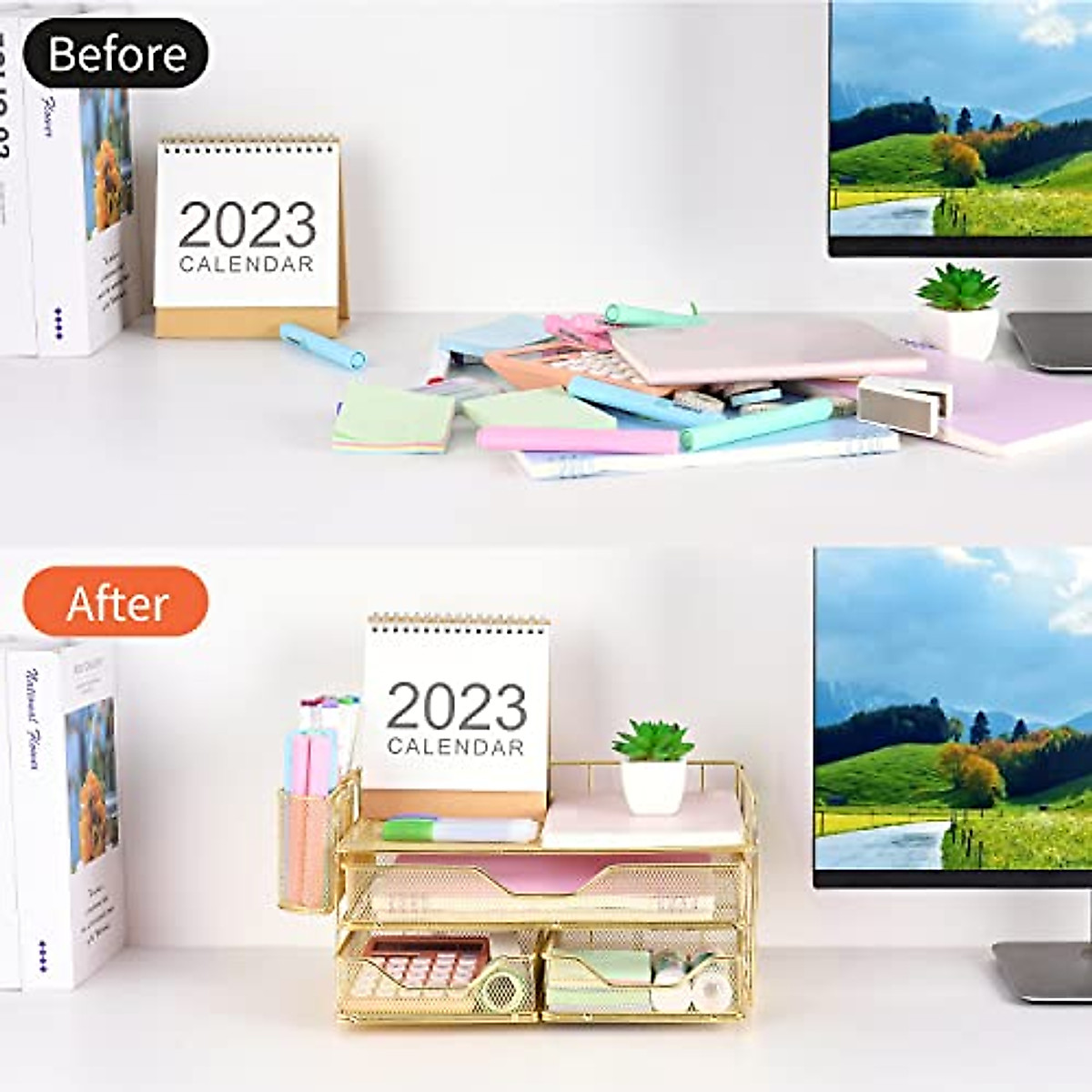 gianotter 3 Tier Desk Drawer Organizer, Office Desk Organizers and Accessories with 2 Pen Holder, Desk Accessories & Workspace Organizers for Home Office Supplies (Gold)